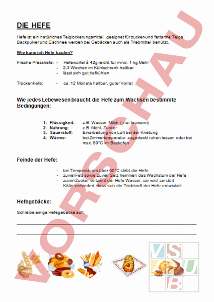 Arbeitsblatt: Die Hefe - Wirtschaft, Arbeit, Haushalt - Kochen