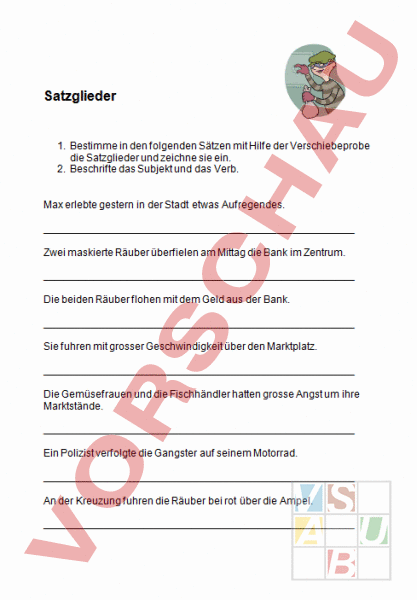 Arbeitsblatt: Satzglieder-Übungsblatt - Deutsch - Grammatik