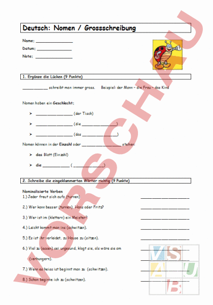 Arbeitsblatt: Prüfung Nomen_Grossschreibung - Deutsch - Grammatik