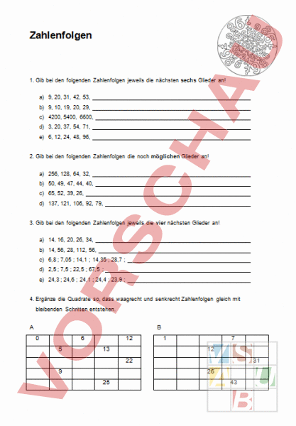 Arbeitsblatt: Zahlenfolgen - Mathematik - Zahlensysteme