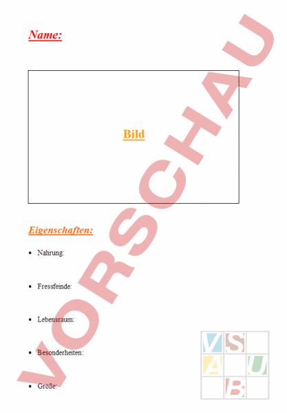 Arbeitsblatt: Steckbrief - Biologie - Tiere