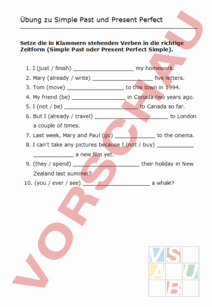 Arbeitsblatt: present perfect vs. past simple - Englisch - Grammatik