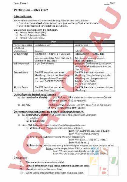 Arbeitsblatt: Partizipien im Lateinischen - Antike Sprachen - Grammatik
