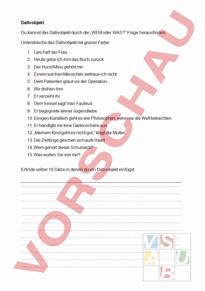 Arbeitsblatt: Dativobjekt - Deutsch - Grammatik