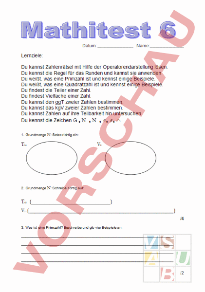 Arbeitsblatt: Test Teiler/Vielfache - Mathematik - Anderes Thema