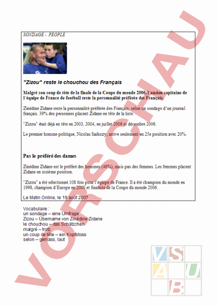 Arbeitsblatt: Leseverstehen, Text Zinédine Zidane - Französisch ...