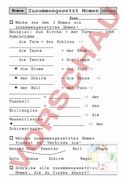 Arbeitsblatt: zusammengesetzte Nomen - Deutsch - Rechtschreibung