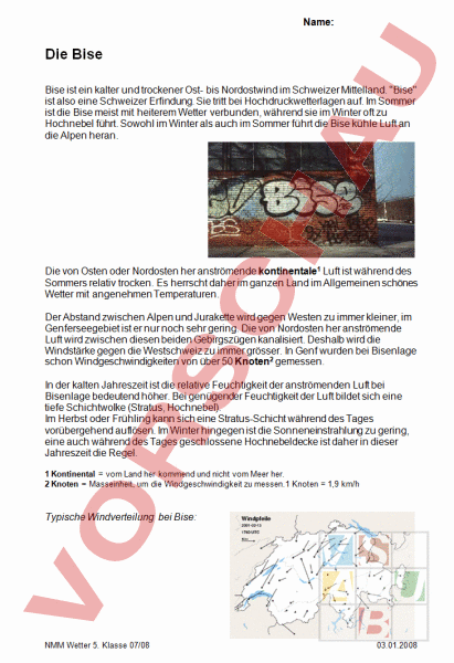 Arbeitsblatt: Die Bise - Geographie - Gemischte Themen