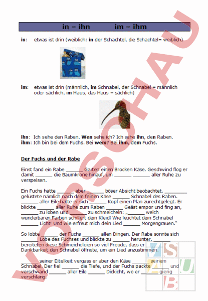 Arbeitsblatt: in-ihn / im-ihm - Deutsch - Rechtschreibung Arbeitsblatt: in-ihn / im-ihm - Deutsch - Rechtschreibung