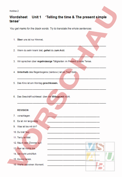 Arbeitsblatt: HLE, Unit 1, Wordsheet ' telling the time & present ...