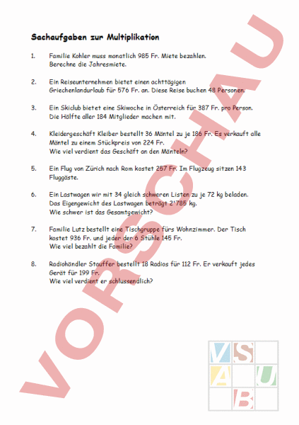 Arbeitsblatt: Sachaufgaben - Mathematik - Multiplikation