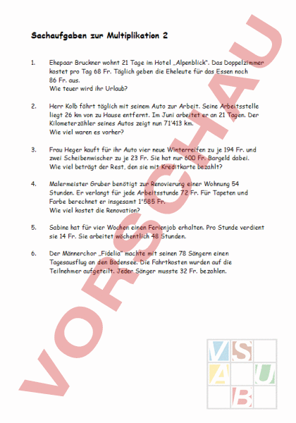 Arbeitsblatt: Sachaufgaben - Mathematik - Multiplikation