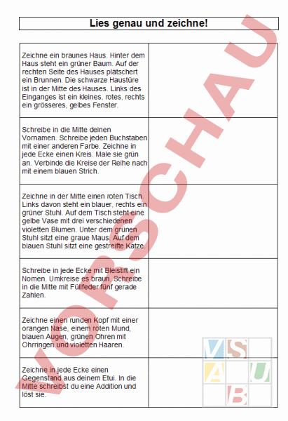 Arbeitsblatt: Lies genau und zeichne - Deutsch - Lesefertigkeit