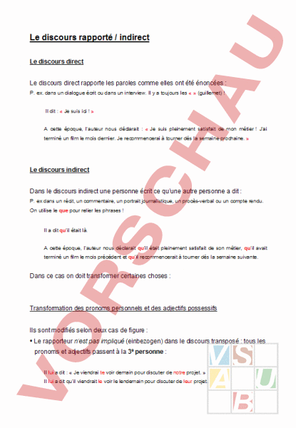 Arbeitsblatt: Le discours rapporté / indirect - Französisch - Grammatik