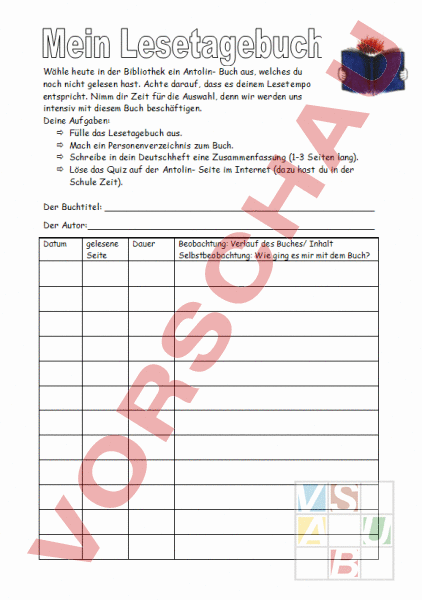 Arbeitsblatt: Lesetagebuch - Deutsch - Leseförderung / Literatur