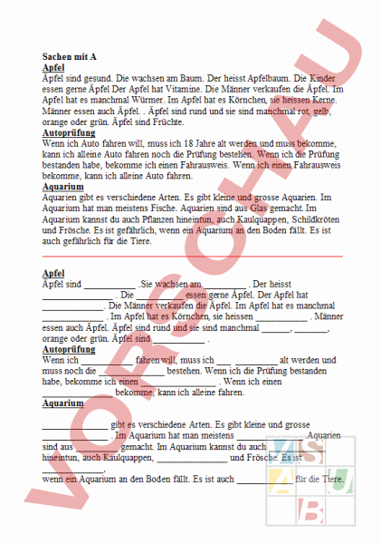 Arbeitsblatt: Lückentext - Deutsch - Textverständnis