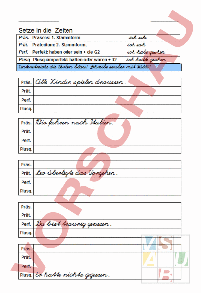 Arbeitsblatt: Setze in die Zeiten - Deutsch - Grammatik
