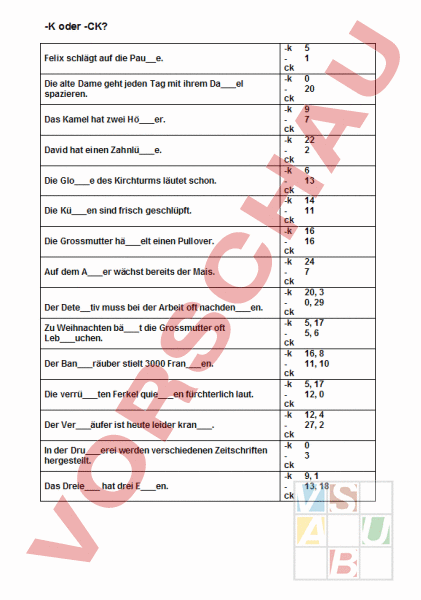 Arbeitsblatt: k oder ck? - Deutsch - Grammatik