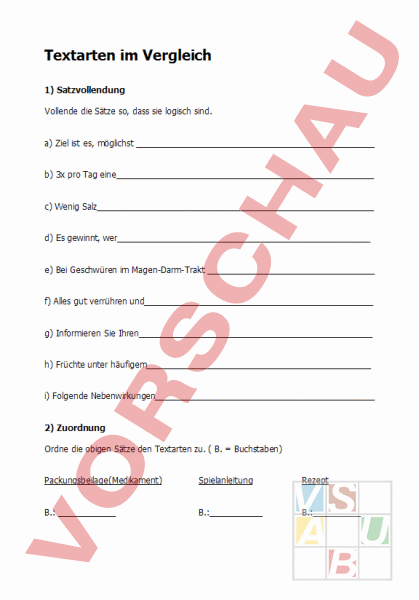 Arbeitsblatt: Textarten im Vergleich - Deutsch - Gemischte Themen