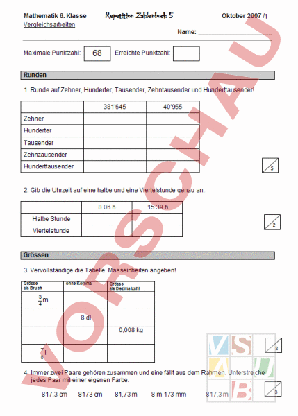 Arbeitsblatt: Abschlusstest Kl. 5 - Mathematik - Gemischte Themen