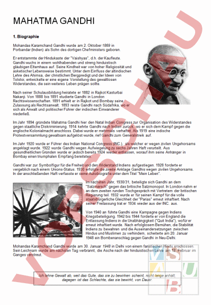Arbeitsblatt: Gandhi-Biographie - Geschichte - Neuzeit