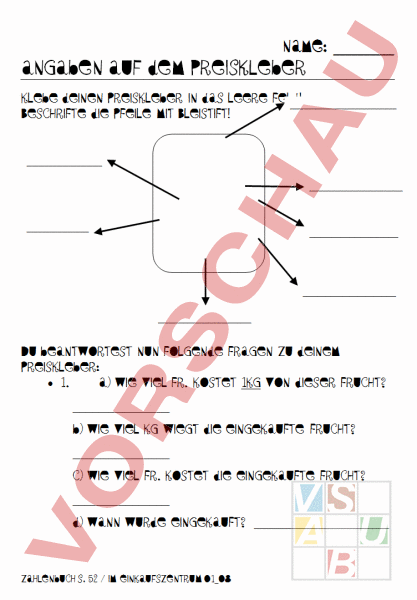 Arbeitsblatt: Preiskleber - Mathematik - Sachrechnen / Grössen