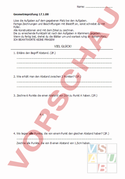 Arbeitsblatt: Prüfung zu Abständen - Geometrie - Geraden