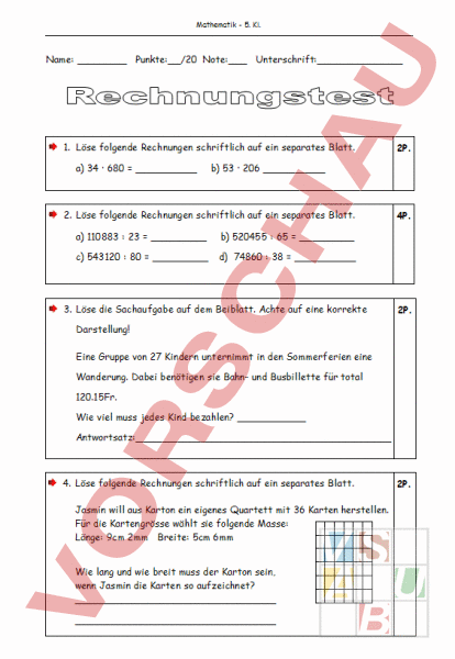 Arbeitsblatt: Test - Mathematik - Gemischte Themen