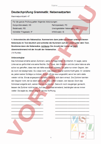 Arbeitsblatt: Nebensatzarten Test - Deutsch - Grammatik