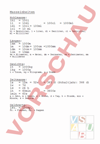 Arbeitsblatt: Masseinheit - Mathematik - Gemischte Themen