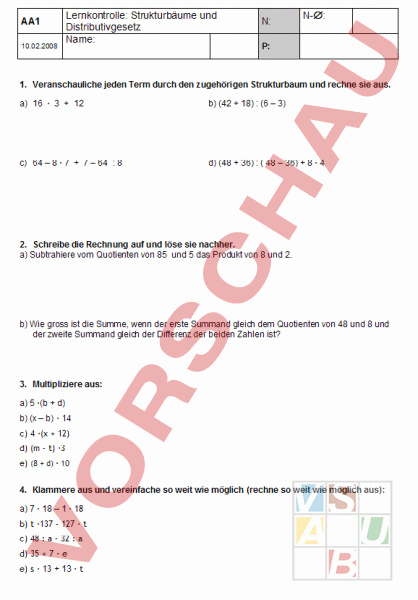 Arbeitsblatt: Lernkontrolle Distributivgesetz - Mathematik - Zahlenbereiche