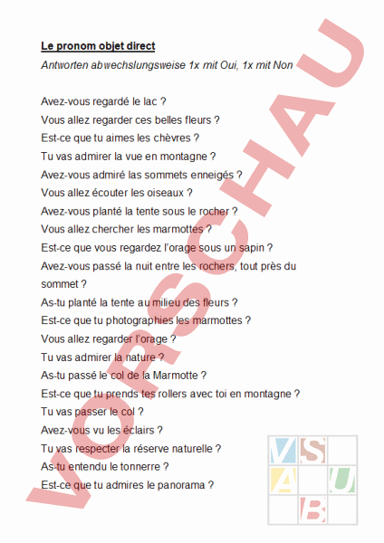 Arbeitsblatt: pronom objet direct - Französisch - Grammatik
