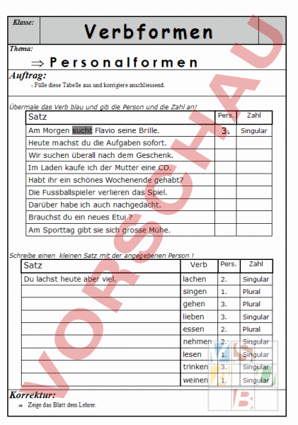 Arbeitsblatt: Personalformen - Deutsch - Grammatik