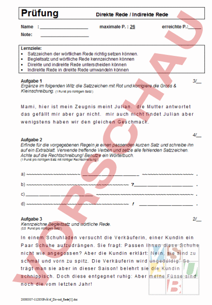 Arbeitsblatt: Direkte / indirekte Rede - Deutsch - Grammatik