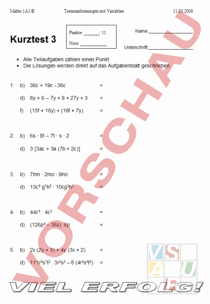 Arbeitsblatt: Termumformung - Mathematik - Algebra
