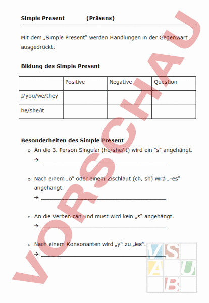 Arbeitsblatt: Simple Present - Theorieeintrag - Englisch - Grammatik