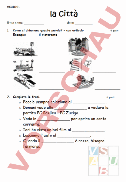 Arbeitsblatt: esame- la città - Italienisch - Wortschatz