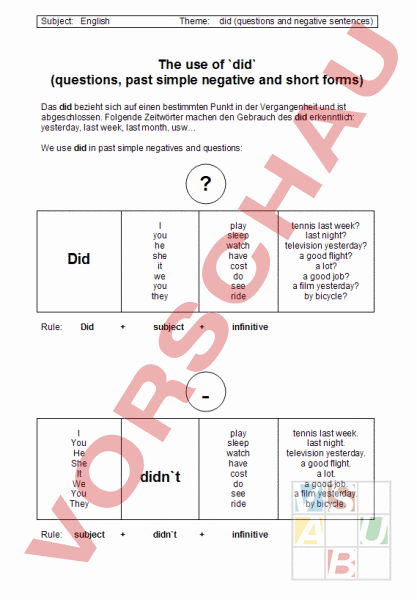 Arbeitsblatt: Did - past simple - Englisch - Grammatik