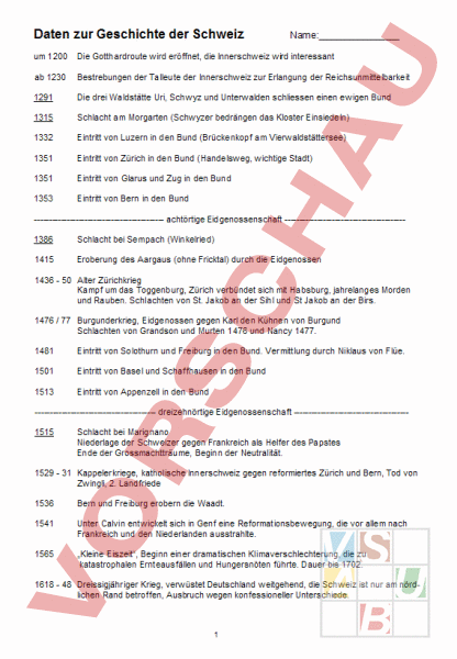 Arbeitsblatt: Daten zur Geschichte der Schweiz - Geschichte - Schweizer ...