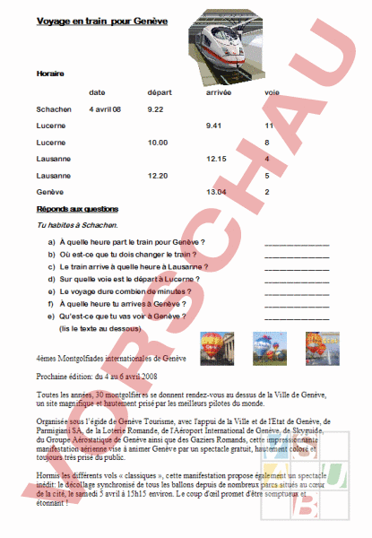 Arbeitsblatt: Voyage en train pour Genéve - Französisch - Textverständnis