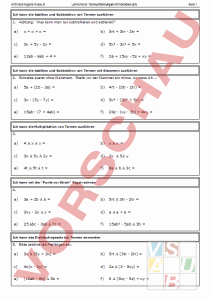 Arbeitsblatt: Rechnen mit Variablen - Mathematik - Algebra