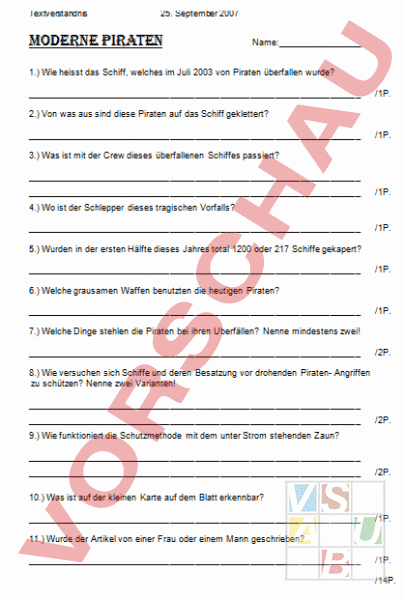 Arbeitsblatt: Moderne Piraten - Deutsch - Textverständnis