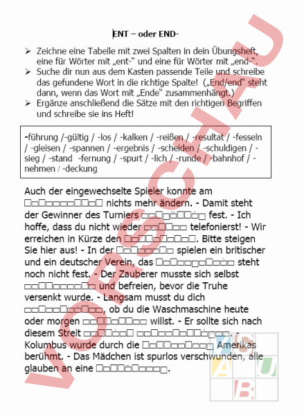 Arbeitsblatt: end-ent - Deutsch - Rechtschreibung