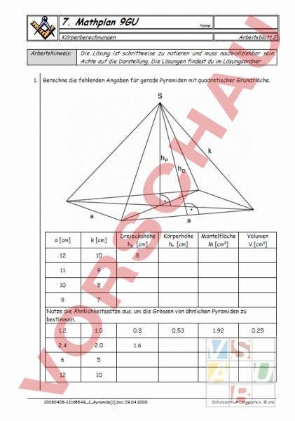 Arbeitsblatt: Pyramiden Übungsaufgaben - Geometrie - Körper / Figuren