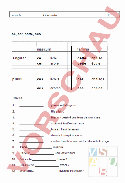 Arbeitsblatt: envol 6 U 17 ce, cet, ces, cette - Französisch - Grammatik
