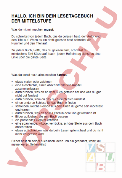 Arbeitsblatt: Lesetagebuch - Deutsch - Leseförderung / Literatur