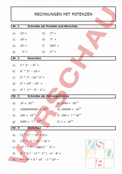 Arbeitsblatt: Grundlagen Potenzen - Mathematik - Algebra
