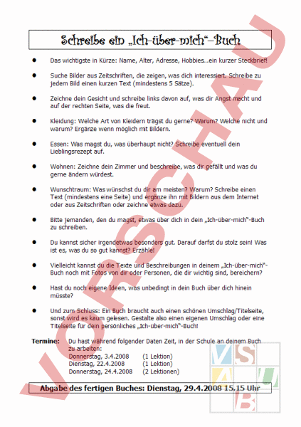 Arbeitsblatt: Ich-über-mich-Buch - Lebenskunde - Persönlichkeitsentwicklung