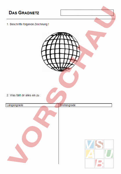 Arbeitsblatt: Prüfung Gradnetz - Geographie - Kartographie / Gradnetz
