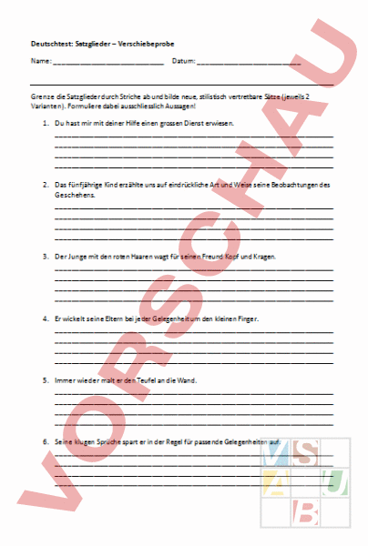 Arbeitsblatt: Satzglieder - Deutsch - Grammatik